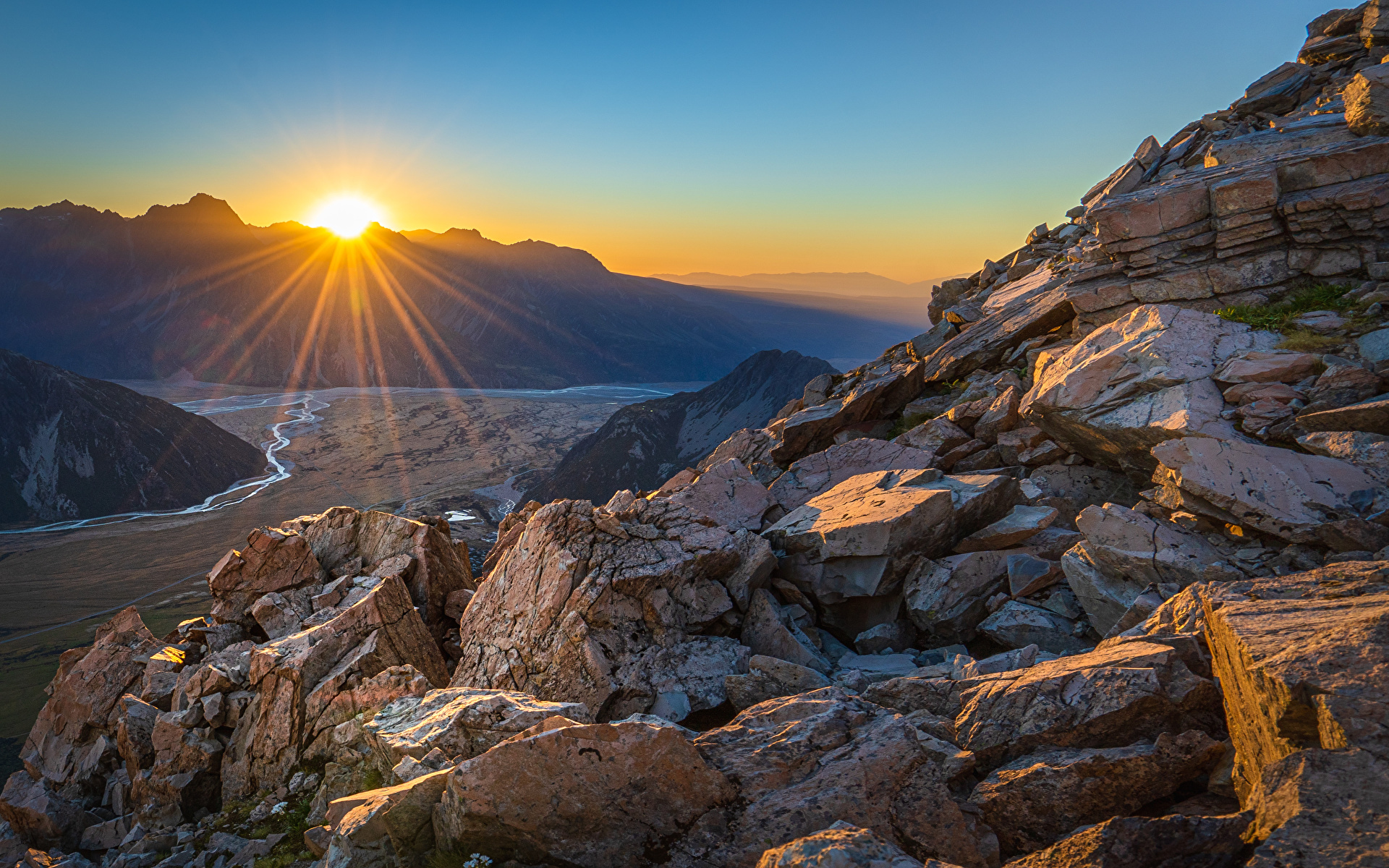 Picture Sun Crag Nature Mountains sunrise and sunset 1920x1200